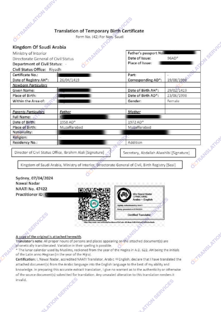Birth Certificate Translation Service by OZTranslation Services